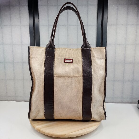 Hunter | Bags | Rare Hunter Tote Two Tone Canvas Leather Beige And ...